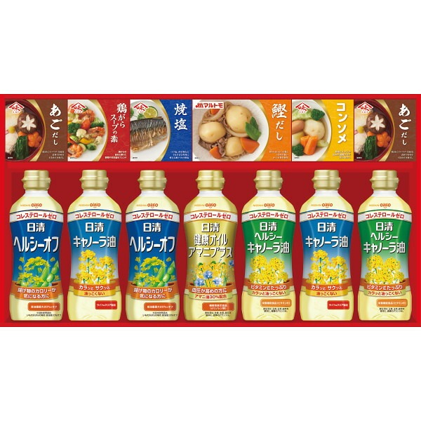 商品詳細商品名日清ヘルシーオイル＆バラエティ調味料ギフト商品番号r26-2708-079メーカー品番N－50A内容●日清キャノーラ油350g・日清ヘルシーキャノーラ油350g・日清ヘルシーオフ350g×各2、日清健康オイルアマニプラス350...