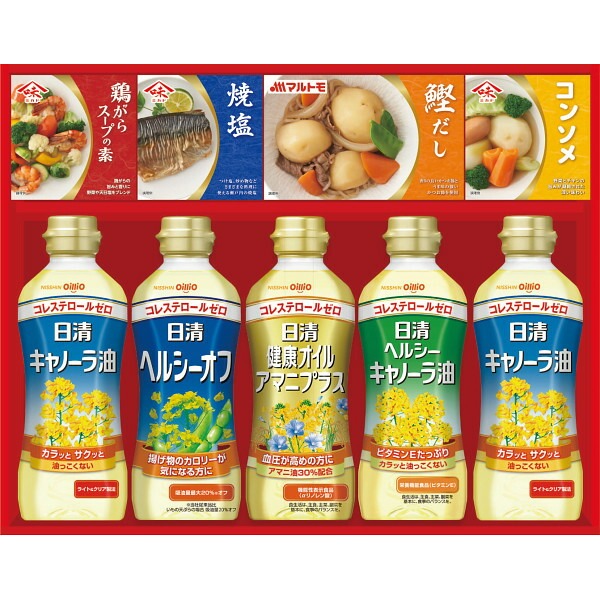 商品詳細商品名日清ヘルシーオイル＆バラエティ調味料ギフト商品番号r26-2708-010メーカー品番N－30A内容●日清キャノーラ油350g×2、日清ヘルシーキャノーラ油350g・日清ヘルシーオフ350g・日清健康オイルアマニプラス350g...