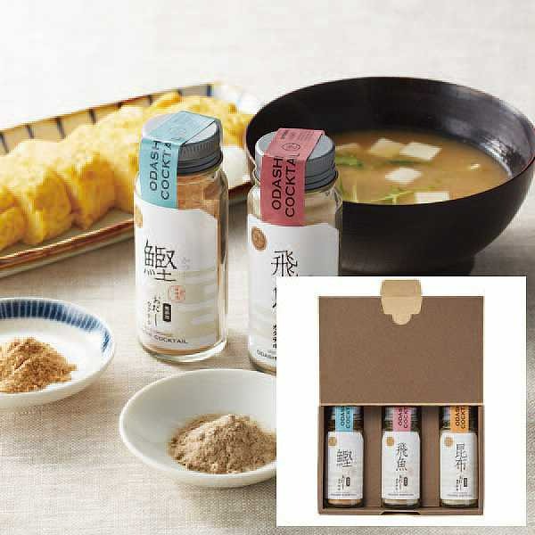 商品詳細商品名おだしカクテルセット（3本）商品番号r26-7161-060内容●昆布だし・かつおだし・あごだし各20g×各1アレルギーなし配送区分常温原産国梱包形態化粧箱入箱サイズ：16.5×11×5cm名入れ区分名入れなし賞味期限（製造日...