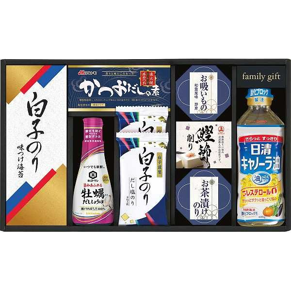 商品詳細商品名キッコーマン　しょうゆ＆白子のり食卓詰合せ商品番号r26-7605-049メーカー品番KSC－40E内容●白子だし塩のり（8切5枚）×2、白子味のり（3切5枚）・マルトモかつおだしの素（4g×6）・永谷園お吸いもの松茸風味（2...