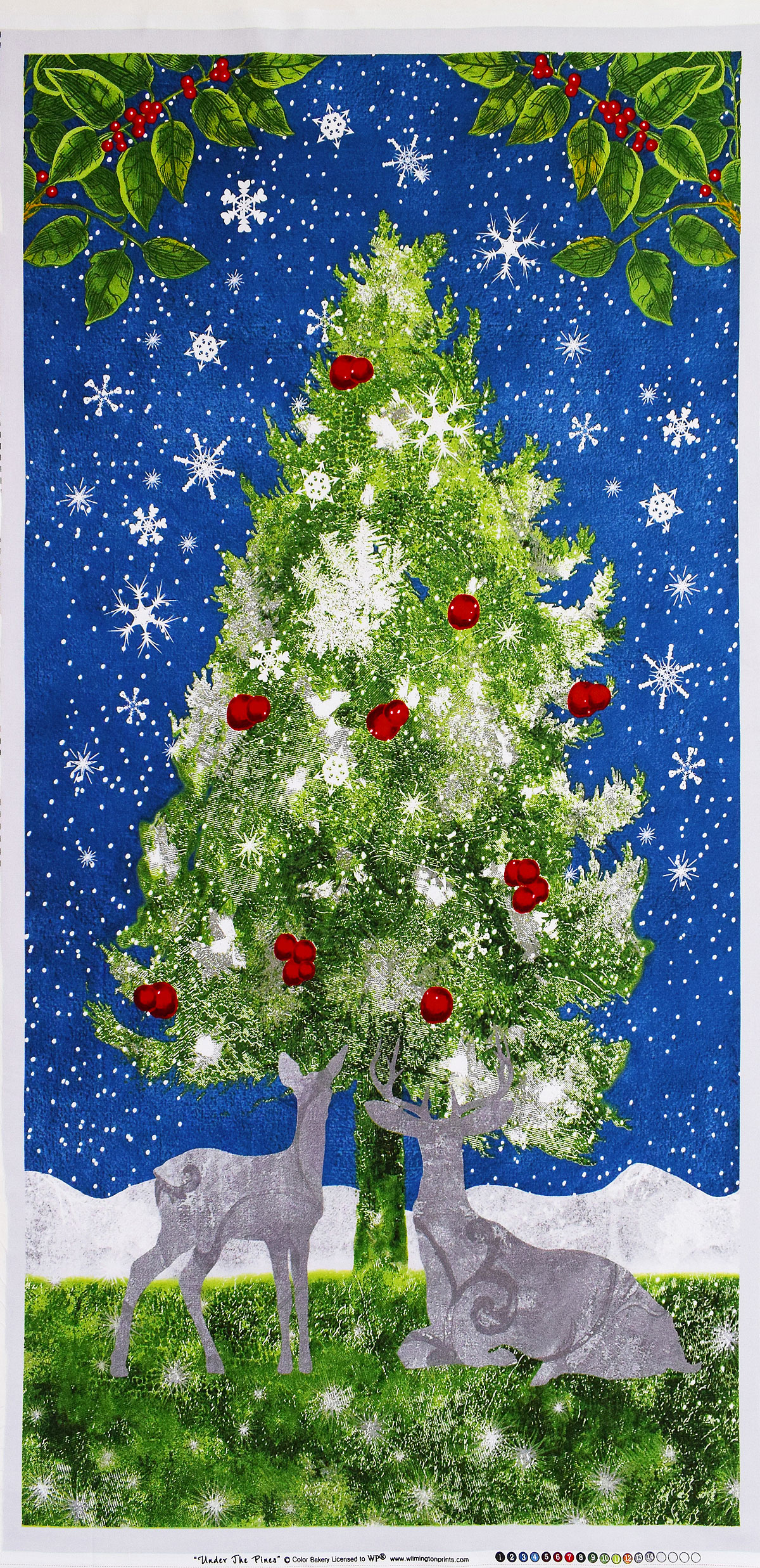 WP-4043 クリスマス・ツリーの下で休む鹿の親子 クリスマス・タペストリー・パネル 58.5*110（未完成品） "アンダー・ザ・パインズ・パネル" "Under The Pines" &copy...