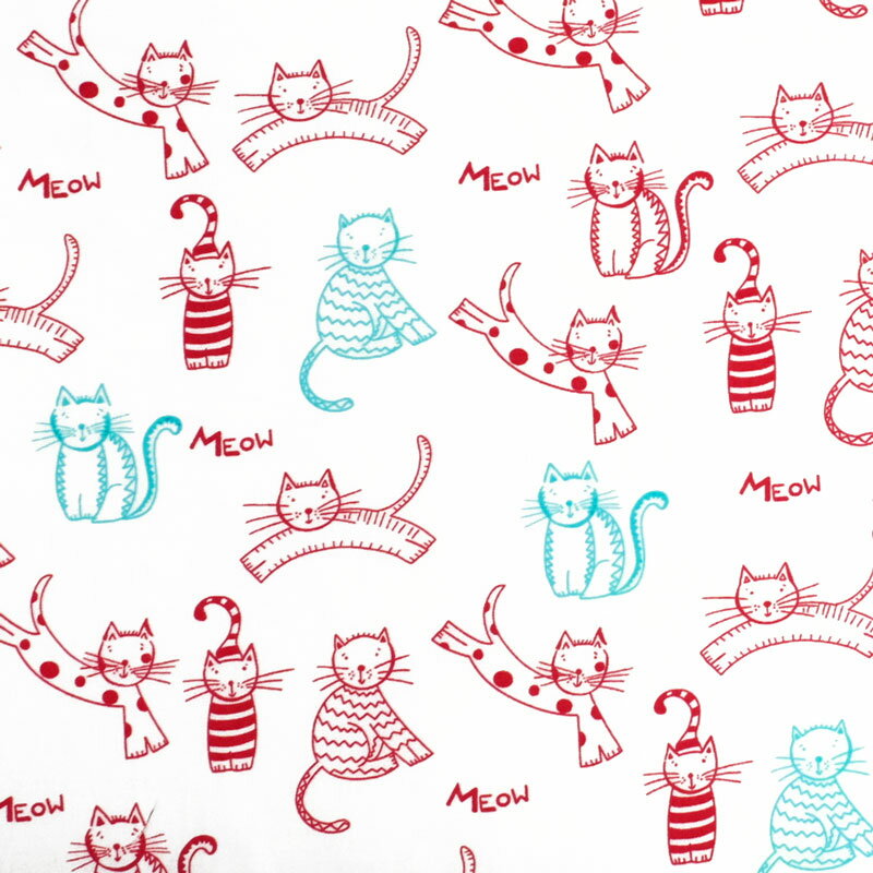 F-4349 赤と空色の線画のネコ ホワイト コミカルに単純化して線画で描いたネコ柄。様々な表情とポーズを見ているだけで楽しくなってきます。ザ・キャッツ・ミュウTHE CAT'S MEOW 1649-24318-ZR INK &amp; A...