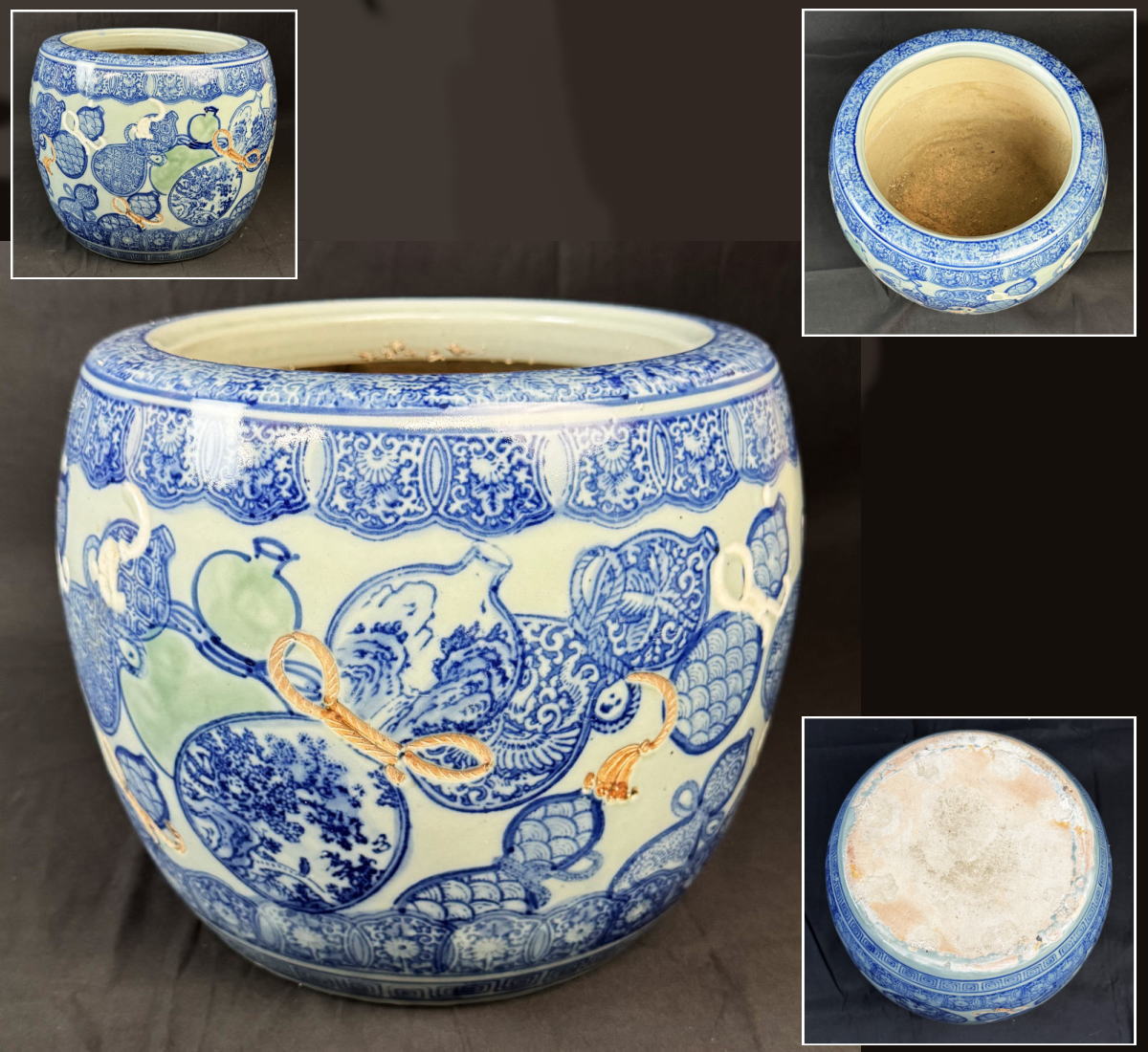 商品番号 WWTT430 商 品 名 大正時代 瓢箪尽くし図鉢 鉢カバー 睡蓮鉢 金魚鉢 火鉢 サ イ ズ 約直径29cm × 高さ25.5cm 重　　量 約6.2kg 商品説明 　素敵な時代物。 注意事項 　古美術品は実際に使用するより、...