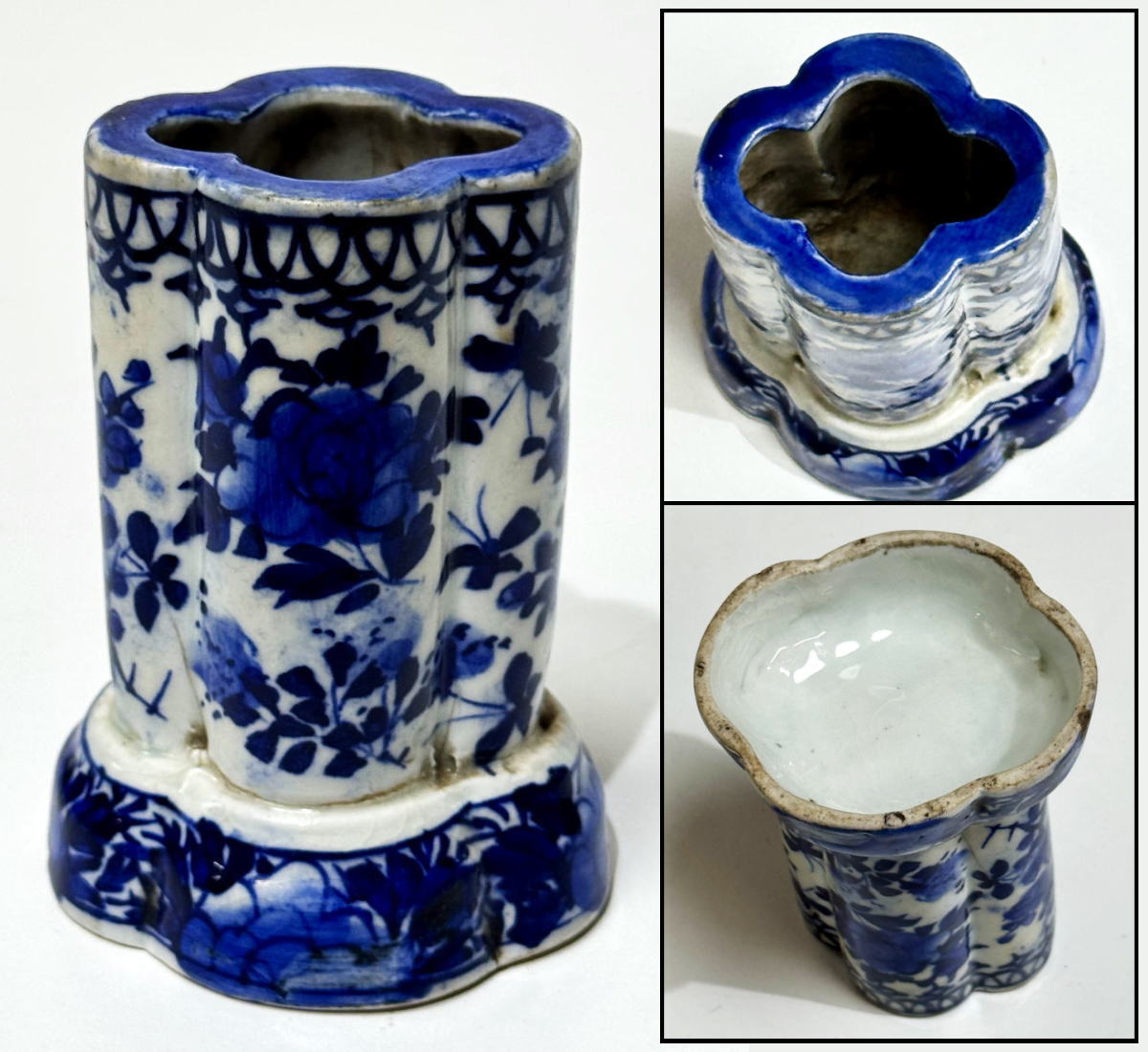 商品番号 WWTT436 商 品 名 清時代 古染付花草文筆筒 古美術 時代品 サ イ ズ 約横8cm × 高さ11cm × 奥行7cm 重　　量 約215g 商品説明 　青花（せいか）は白磁の素地にコバルト顔料で文様を描き、その上に透明釉...