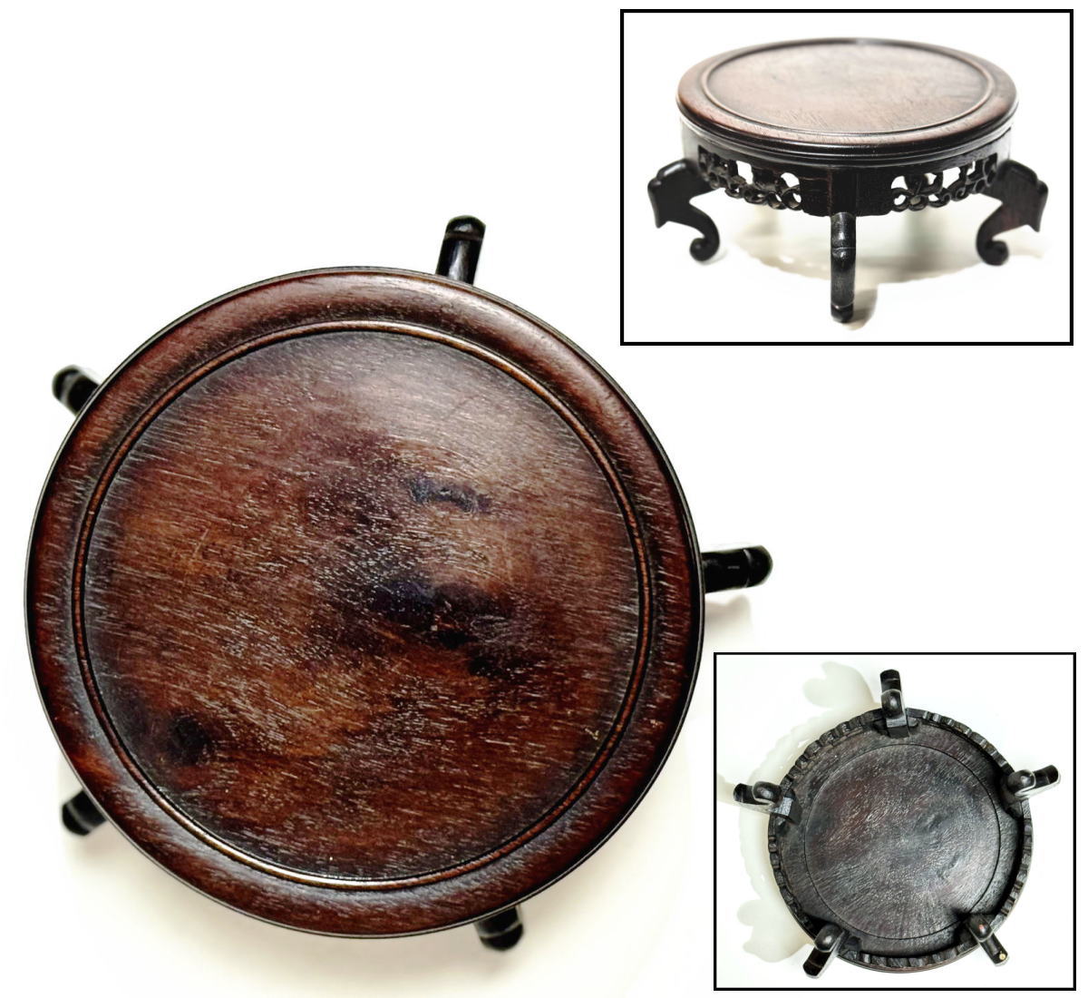 商品番号 WWWT148 商 品 名 時代物 紫檀唐木造 透彫刻 花台 サ イ ズ 約花台直径21cm × 天板直径17.5cm × 高さ9cm 重　　量 約328g 商品説明 　素敵な時代物。 注意事項 　古美術品は実際に使用するより、コ...