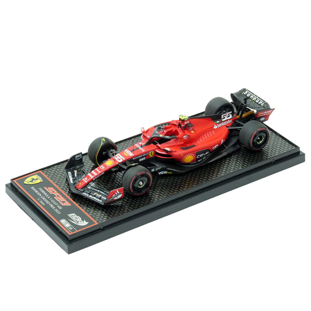 1/43スケールのBBR MODELS製のSF-23のモデルカー。 ・グランプリ：2023年 バーレーンGP ・マシン名　：Ferrari SF-23 ・ドライバー：カルロス・サインツ ・タイヤ　　：ソフト ■商品スペック 対象年齢：18歳...