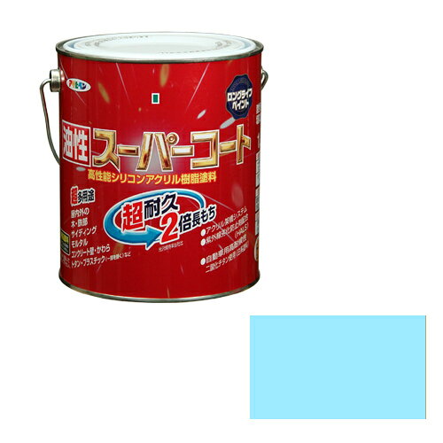 アサヒペン　油性スーパーコート　1．6L　水色 JAN：4970925544230 メーカー：（株）アサヒペン / ブランド：アサヒペン / 原産国：日本 特長●シリコンアクリル樹脂のアクリル架橋システム及び紫外線劣化防止剤（HALS）の相...