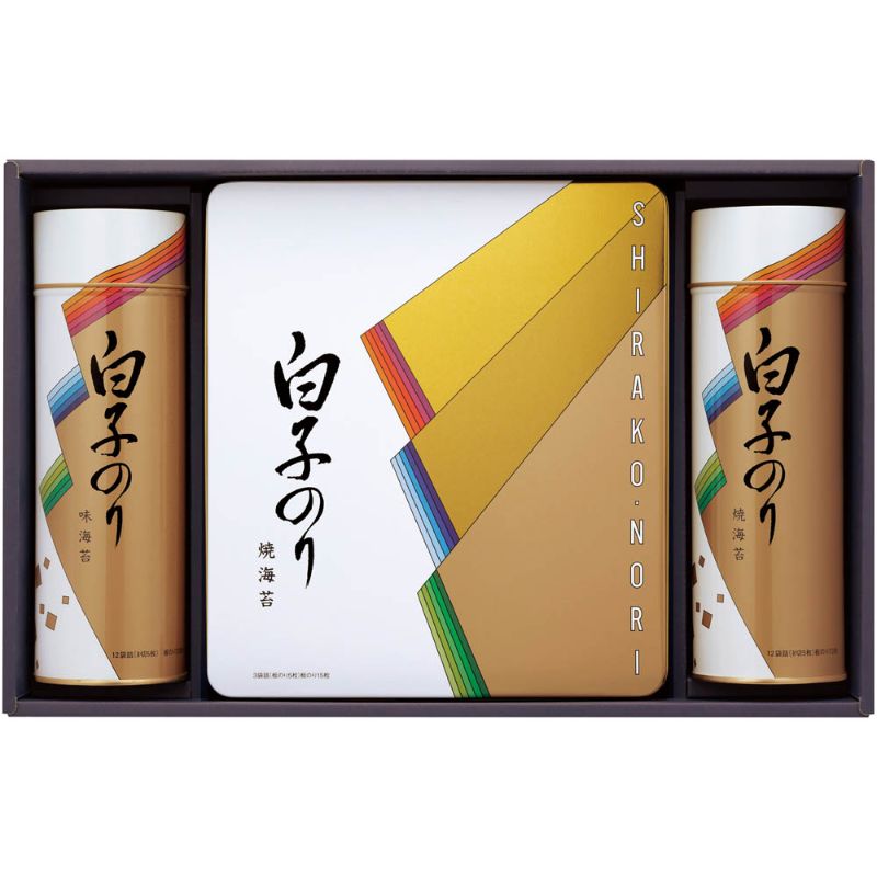 白子 のり詰合せは、常温で保存でき、必要なときにすぐ使える便利なグルメギフトです。ご飯のお供やお酒のおともとして、食卓に重宝します。 商品詳細 型番SA-500 セット内容味海苔（8切5枚）×12袋、焼海苔（8切5枚）×12袋、焼海苔（板の...