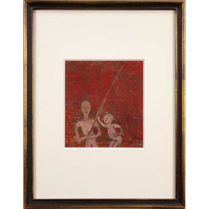 釣りをする二人、不思議なモチーフ紙に油彩内寸：17×15cm技法：油彩画額のサイズ：高さ41cm×幅32cm×奥行き3.0cm作品の状態：良好です木内廣（きうちひろし / KIUCHI Hiroshi）1920栃木県上都賀郡生まれ1941太...