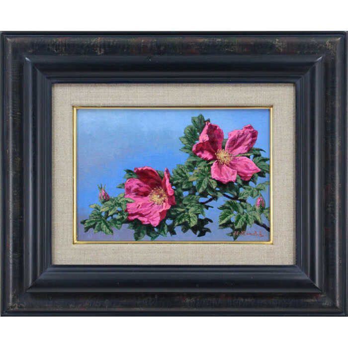 初夏の真っ青な空の下に咲く、生き生きとしたピンク色のハマナス技法：油彩画作品サイズ：SM（サムホール）額のサイズ：高さ32cm×幅39cm×奥行き4.5cm作品の状態：良好です近藤博史（こんどうひろし / KONDO Hiroshi）195...