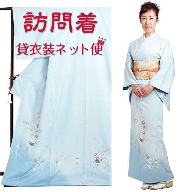 商品詳細 【訪問着レンタル】 ■ 表地：ポリエステル100％ ■ 色/柄：水色 ■ 年代：30〜50代の方にお勧めです ■ 洋服サイズ：11号〜15号位 ■ 身長：〜165cm位 ■ ヒップサイズ：〜105cm位 ■ 身丈：4尺3寸／肩裄：...