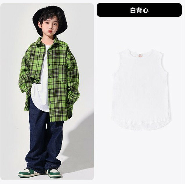 キッズ こども ダンス衣装 ダンスレッスン着 タンクトップ 白 ストリート カジュアル ヒップホップ 110 120 130 140 150 160 170 大量 ダンスチーム モデル着用サイズ 男の子：130cm 身長125cm 体重 2...