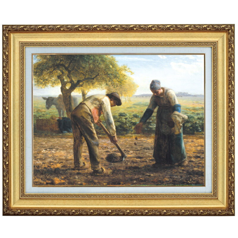 若い農夫婦夫が馬鈴薯を植えている。すぐ近くの木の下には、籠の中で眠る赤ん坊とロバが描かれたのどかな作品。原画：制作1861年頃　所蔵：ボストン美術館手法：ジクレー＋油彩画風直筆仕上げ●掛け紐付●絵寸法：（約）長辺32×短辺25cm●額寸法：...