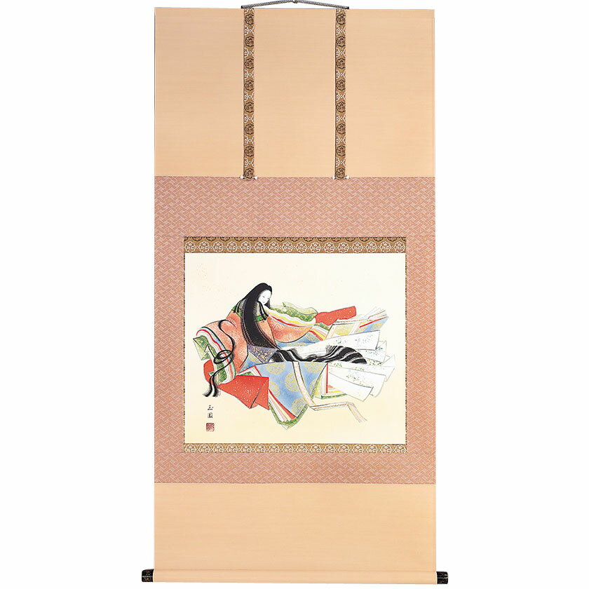 流れるような豊かな黒髪を、色鮮やかな十二単の上に広げる平安の貴婦人。三十六歌仙の一人にして絶世の美女と言われた「小野小町」を描いた肉筆日本画の傑作です。十二単を彩る紅梅、紅、若草、浅葱などの伝統色の絶妙な配色と、衣が折り重なった優美な描写に...