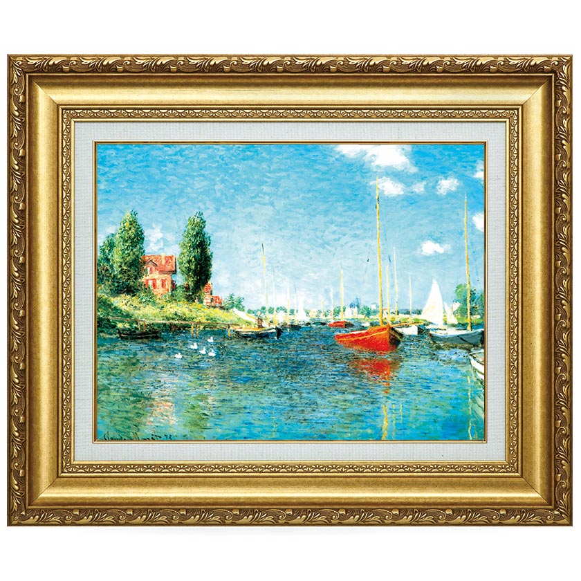 アルジャントゥイユの海岸風景を繰り返し描いたモネ。青い空と青い水の中に陽光を浴びて鮮烈に映える赤いボートがひときわ印象的。原画：制作1875年　所蔵：フォッグ美術館10号サイズ(アクリルカバー付）●絵寸法：（約）53×41cm●額寸法： (...