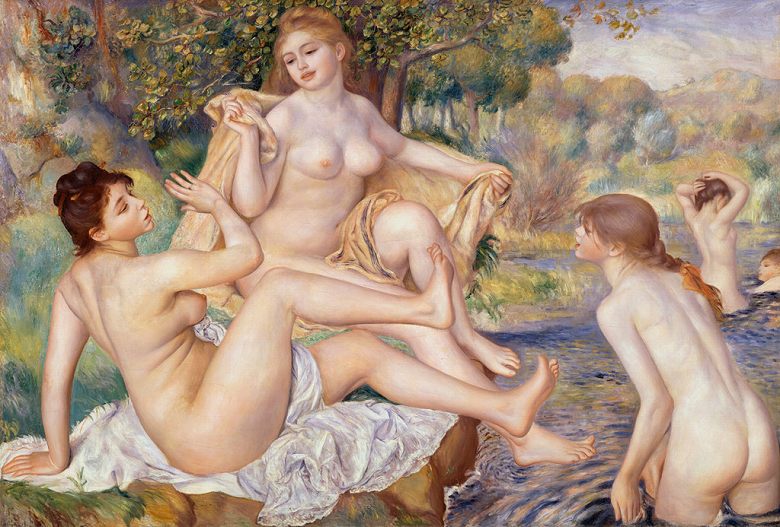 　作者 ピエール＝オーギュスト・ルノワール 作品名 大水浴 技法 手描き複製油絵 製作年 1884-1887所蔵： フィラデルフィア美術館納期：受注制作につき、納期は「買い物かごに入れる」ボタン上をご覧ください。絵柄サイズ：652x500m...