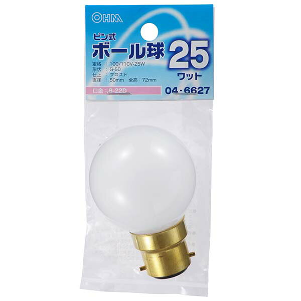 特　徴 ● 口金はピン式（B22D）です。 ● ビル、ホテル、海外製のインテリアスタンドなどに使用されています。 ■ 定格：100／110V−25W ■ 形状：G−50 ■ 口金：B22D ■ 色：フロスト ■ 直径50×長さ72mm