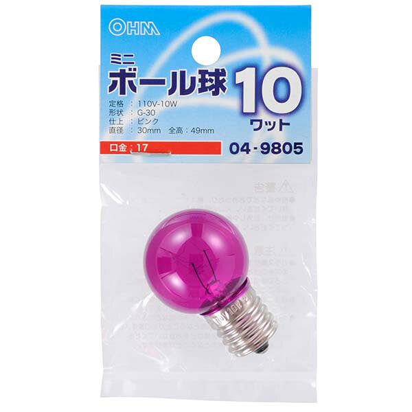 特　徴 ● 透明カラーによりキラリと輝きが見えます。 ● 装飾、電飾用に使用されます。 ■ 定格：110V−10W ■ 形状：G−30 ■ 口金：E17 ■ 色：ピンク ■ 直径30×長さ49mm ※ この商品の発注単位は「5」となっています。