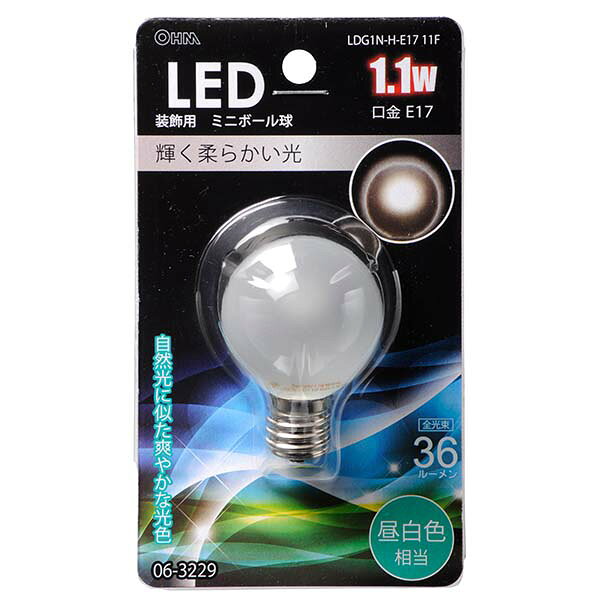 特　徴 ● 装飾用LEDミニボール球 ● やわらかな光が広がるフロスト仕上げ ● 自然光に似た爽やかな光色 仕　様 ■ サイズ：全長58×最大径40mm ■ 質量：14g ■ 定格消費電力：1．1W ■ 定格電流：10mA ■ 全光束：36...