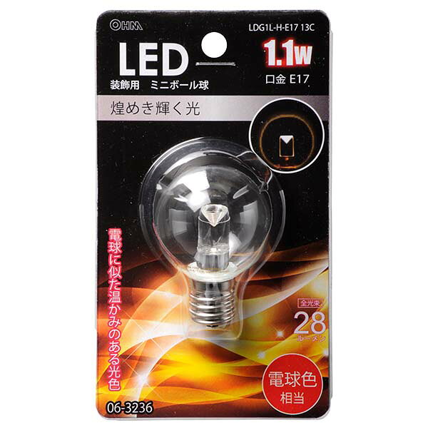 特　徴 ● 装飾用LEDミニボール球 ● 煌びやかな光のクリア仕上げ ● 電球に似た温かみのある光色 仕　様 ■ サイズ：全長58×最大径40mm ■ 質量：14g ■ 口金サイズ：E17 ■ 定格消費電力：1．1W ■ 定格電流：10mA...