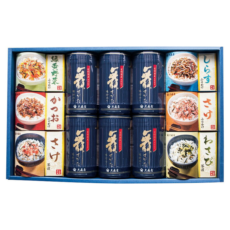商品名 大森屋 舞すがた 卓上のり・ふりかけ・お茶漬詰合せ 商品詳細 有明海産味付のり（10切32枚）×6さけ茶漬（6.4g×6袋）わさび茶漬（5.6g×6袋）緑黄野菜ふりかけかつおふりかけさけふりかけしらすふりかけ（各2.5g×10袋）×...