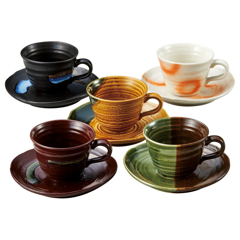 商品名和渦紋 コーヒーカップ&ソーサー5客セット商品詳細手仕事の温もりを感じる、五つの彩り。様々な表情が魅力的なコーヒーカップ&ソーサーのセット。落ち着いたブラウン、深みのあるブラック、温かみのあるベージュ、爽やかなグリーン、そして優しいピ...