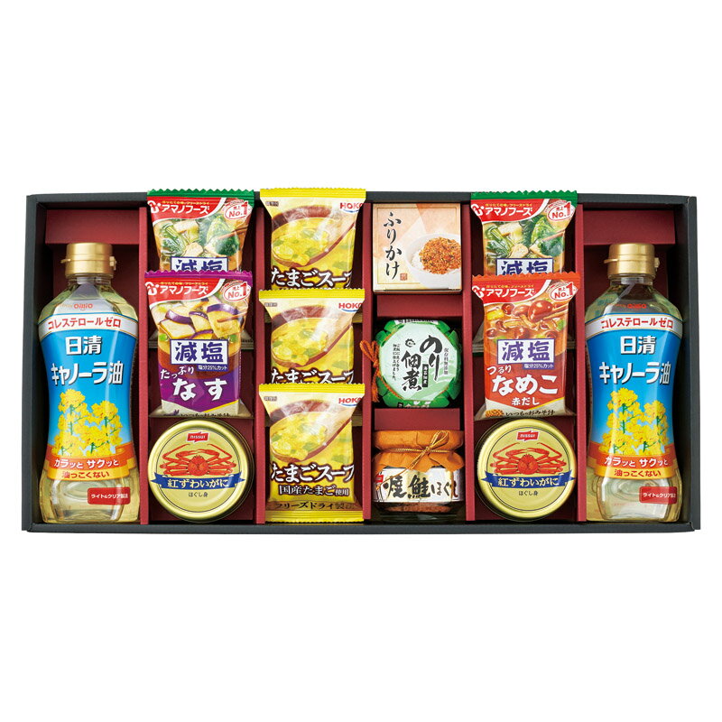 商品名食卓バラエティギフト商品詳細アマノフーズのだしの旨みと香りが引き立つ減塩おみそ汁とたまごスープに小豆島の醤油で炊き上げた海苔の佃煮、もらってうれしい日清キャノーラ油と焼鮭ほぐしを組み合させてギフトです。宝幸 たまごスープ×3日清キャノ...