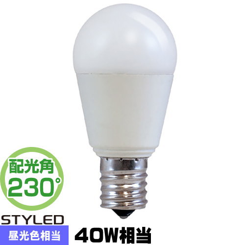 ●メーカー ： STYLED(スタイルド) ●型番 ： HA4T17D1 ●形状 ： 小形電球タイプ ●定格入力電圧 ： 100V ●周波数 ： 50/60Hz ●消費電力 ： 4.4W ●力率 ： 0.5 ●全光束 ： 485lm ●明る...