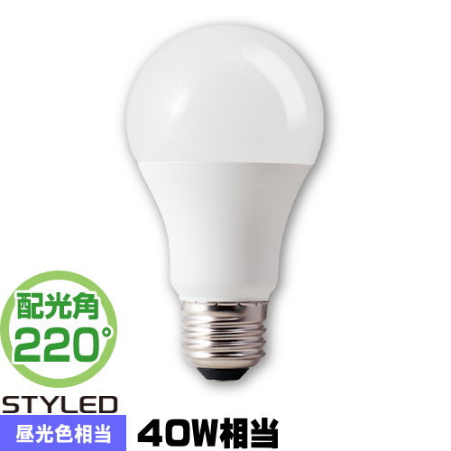 ●メーカー ： STYLED(スタイルド) ●型番 ： HA4T26D1 ●形状 ： 一般電球タイプ ●定格入力電圧 ： 100V ●周波数 ： 50/60Hz ●消費電力 ： 5W ●力率 ： 0.5 ●全光束 ： 550lm ●明るさの...