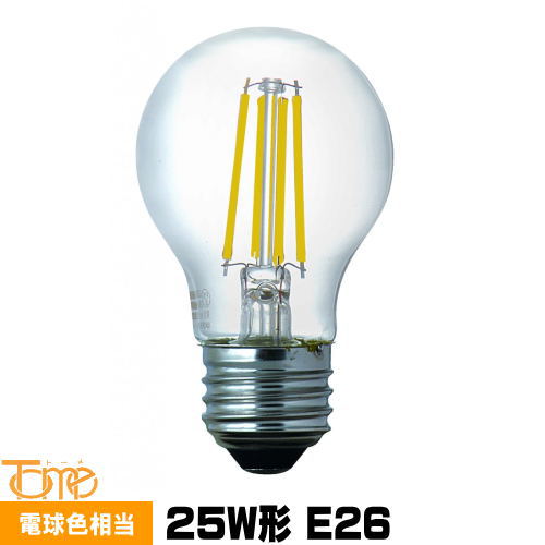 ●メーカー：東京メタル工業 Tome ●形番：LG502LC25E26TM ●LED電球 ボール型 クリアガラス ●光色：電球色相当 2700K ●全長：87mm ●外径：Φ51mm ●重量：24g ●定格電圧：100V ●定格消費電力：2...