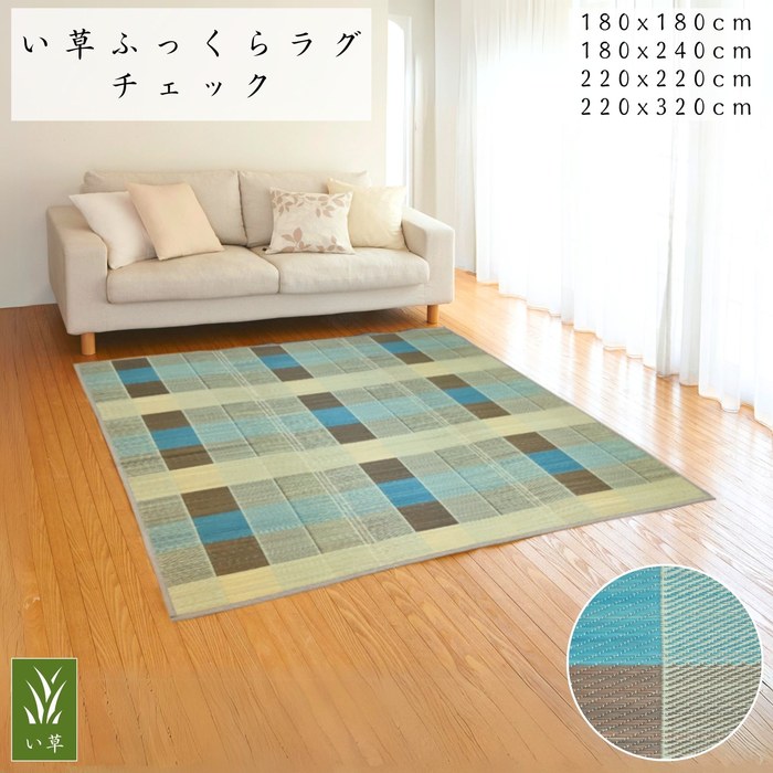 ＜＜チェック柄＞＞ 　夏に嬉しい爽やかなチェック柄。 　幅広いお部屋のインテリアに馴染む 　爽やかない草ラグ。 ＜＜ウレタン10mm＞＞ 　中材は10mm厚のウレタンを使用。 　ふっくらとした優しい踏み心地のラグで 　寝転がっても心地のいい...