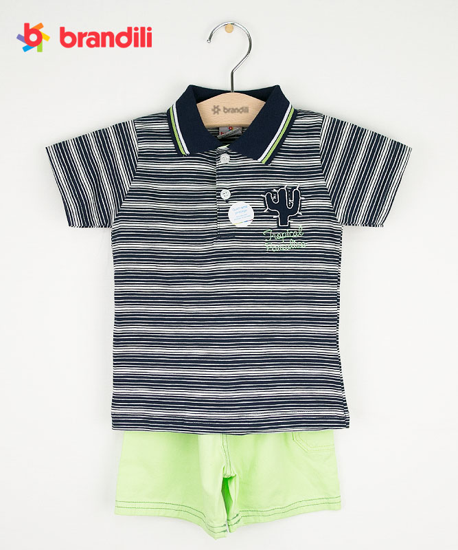 【BRANDILI】男の子襟付きTシャツ＆ショートパンツセット【おしゃれ・おでかけ服】サボテンボーダー｜ネイビー×ライムグリーン &nbsp; トロピカルなサボテンワッペン付きのアイテム ブランド：brandili（ブランジリ） カラー　：...