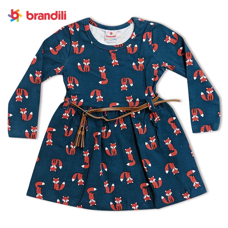 【BRANDILI】女の子タッセルベルト付き長袖ワンピース 子供服・おしゃれ着｜ダークグリーン &nbsp; ポップでかわいいキツネ模様のお出かけワンピース♪ ●タッセル付きベルト ブランド：brandili（ブランジリ） カラー　：ダーク...