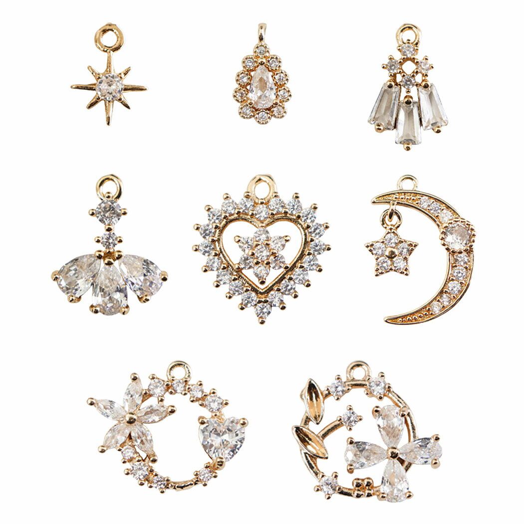 ★14KGF、5Aジルコニア使用！高品質な商品です★ 花や星など8種類のデザインから選べる高品質チャーム。 6 は星が揺れるデザインでとっても可愛いです♪ 約1.5cm前後のサイズでアクセサリーにぴったり！ カン付きなので簡単に他のパーツと...