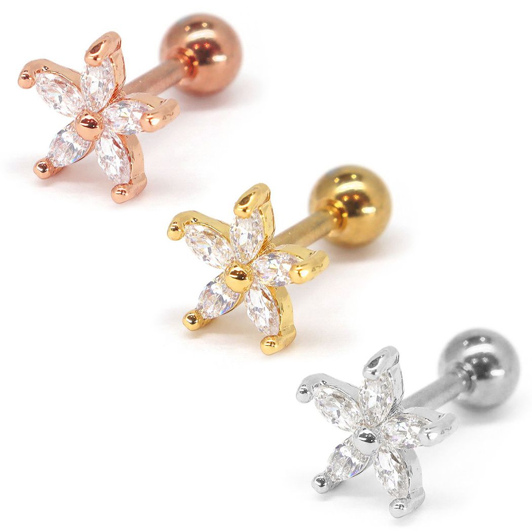 フラワーモチーフのボディピアスです。 ポストも含め高品質のサージカルステンレスを使用しており、 金属アレルギーの方でも安心です。 品質にこだわった一品で、錆び・変色に強く、 汗をかいてもかぶれないため様々なシーンで活用できます。 つけっぱな...