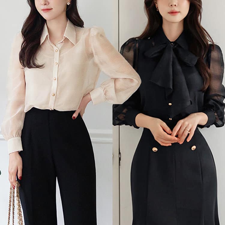 商品名 【韓服スタイル】スカーフセット ジャカード シフォン ストライプ ボリュームブラウス 長袖 ボタン 無地 シースルー 上品 大人の女性 エレガント 着こなし クラシック 秋 冬 ブラック ベージュ FREE XL 2XL カラー ベ...