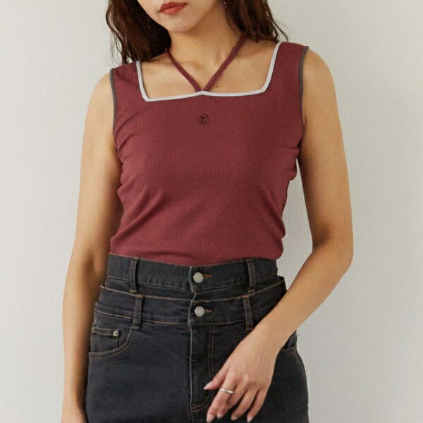 [型番：3863-9301]配色のパイピングとホルターネックがコーデのアクセントになるスクエアタンクトップが登場！このタンクにブラウスや羽織りを合わせるだけでホルターがチラ見えしてコーデのポイントになってくれます。ランダムテレコ生地を使用し...