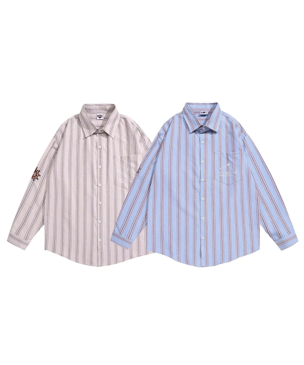 [型番:HK23AAls-01a]シンプルでワンポイント刺繍が可愛いシャツストライプが入ったパッとシンプルなシャツ肘部分に船のハンドルである舵輪の刺繍、胸ポケットに魚の骨の刺繍が入っているのがポイント太めのパンツに合わせればストリート系に、...