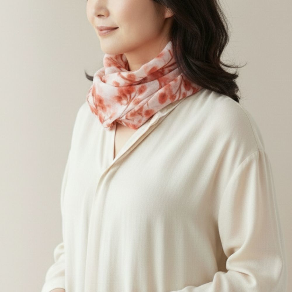 [型番:W021]水墨画のようなデザインと滑らかな再生繊維（テンセル）を使用した環境と肌にやさしいスカーフ。芸術的なデザインと上質な素材が調和し、ラグジュアリーな印象を与えます。アクセサリーとしてもファッションアイテムとしてもお楽しみいただ...