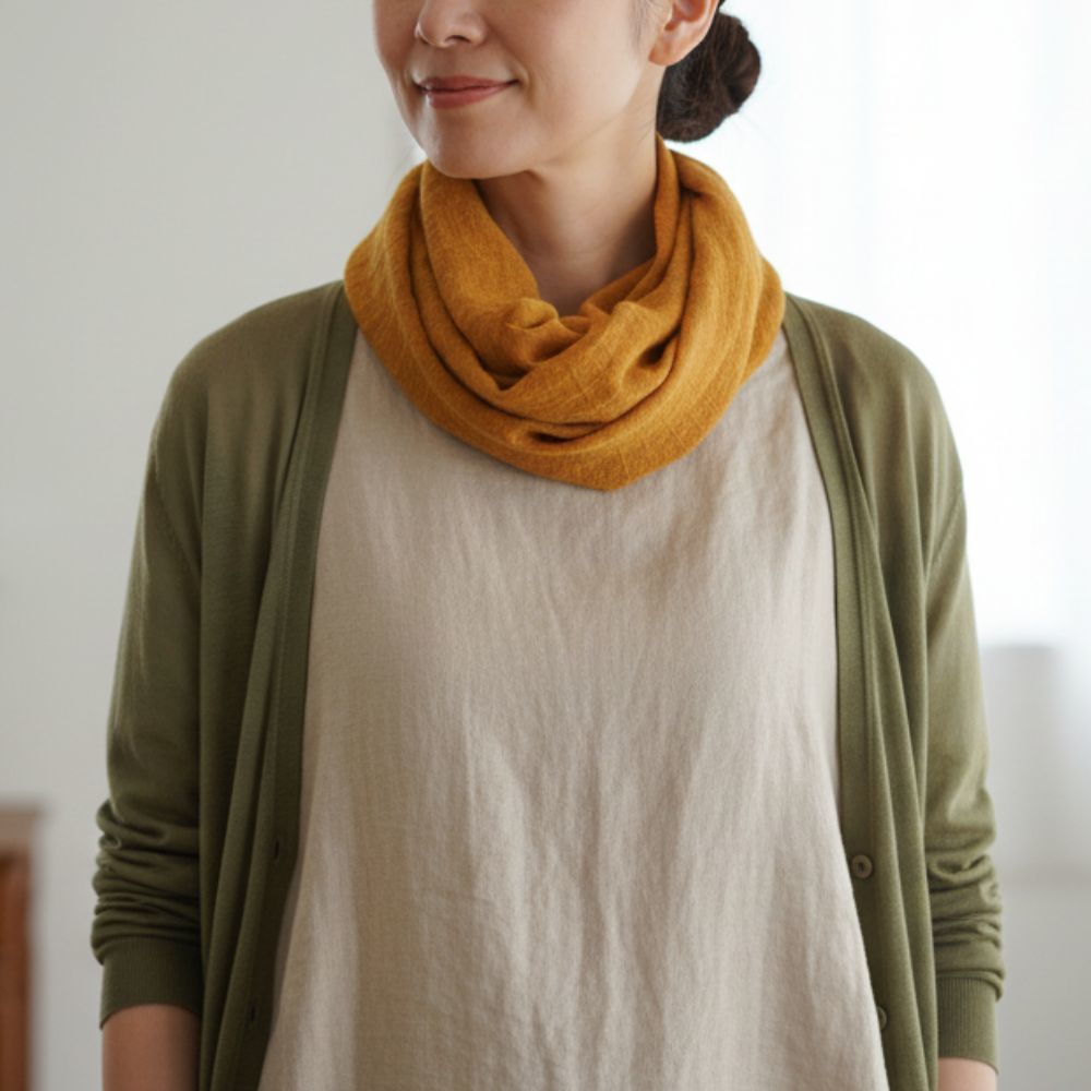 [型番:W007]W007スラブワンタッチスカーフは、上質な麻のような風合いと優しいコットン素材で作られ、素材感がオシャレなアイテムです。一度着用すると、その心地良さと洗練された雰囲気に夢中になること間違いなしです。手軽に巻くことができるワ...