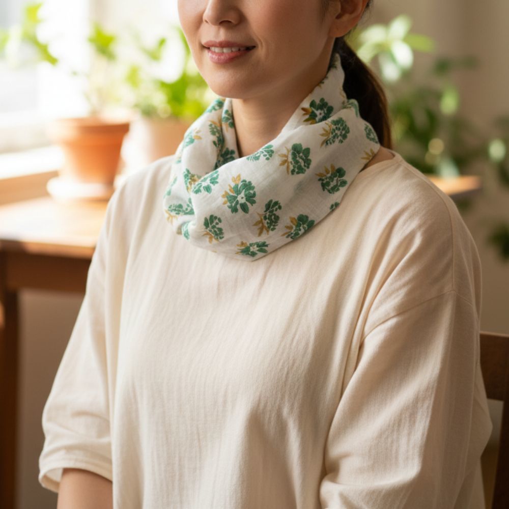 [型番:W002]柔らかな素材と美しい花柄が特徴です。優しい肌触りと洗練されたデザインで、贅沢な雰囲気を演出します。ワンタッチで簡単に身に着けることができ、常にエレガントで上品な印象を与えます。首周りを紫外線から守るスカーフ。誰でも簡単に巻...