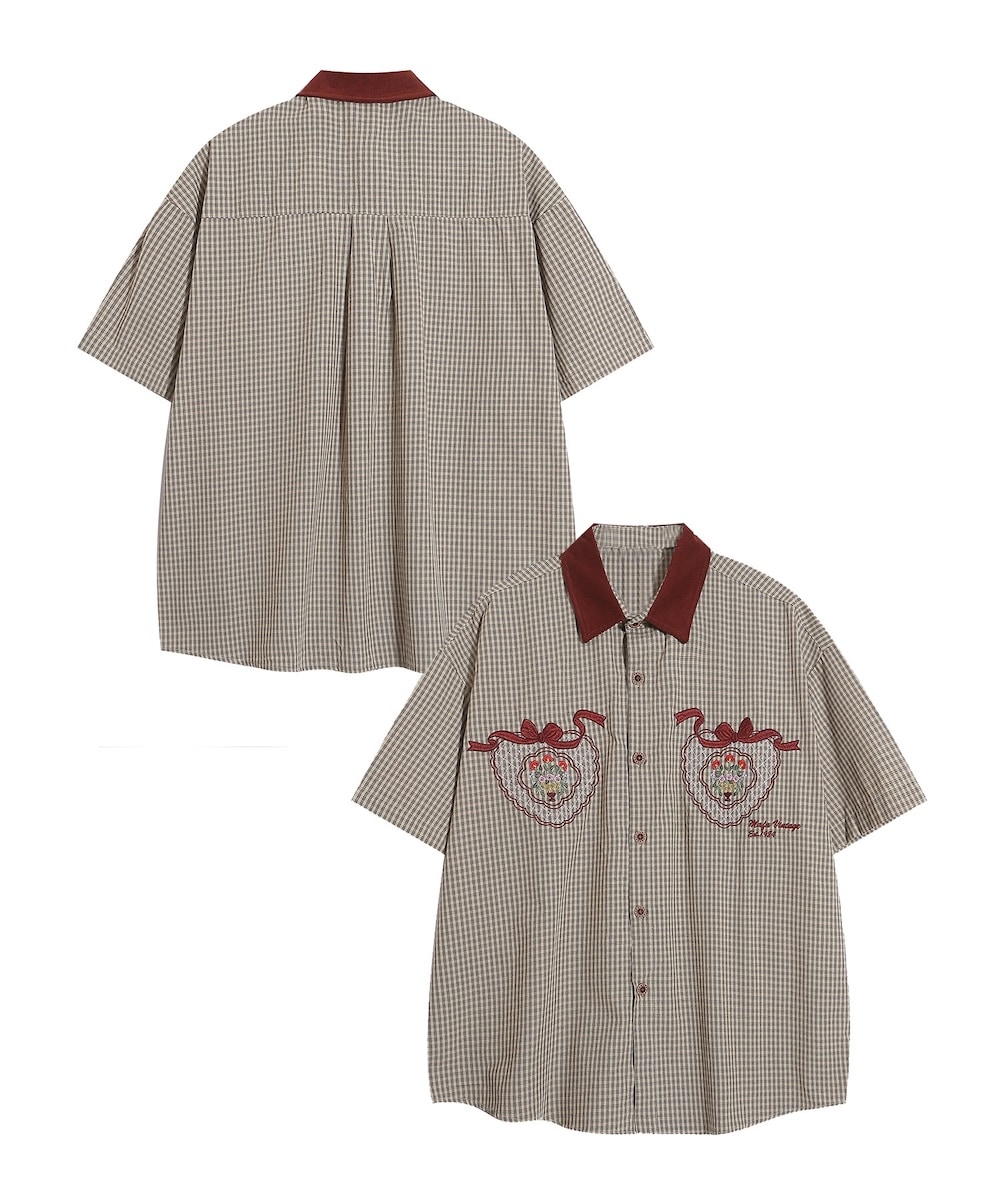 [型番:insc5156a]異素材コーデュロイの配色襟が個性的な刺繍入り半袖シャツヴィンテージ風のチェック柄生地がレトロでオシャレな一枚オーバーサイズでメンズライクなデザイン胸元にフェミニンなブーケやリボンの刺繍入りでコーデのアクセントに一...