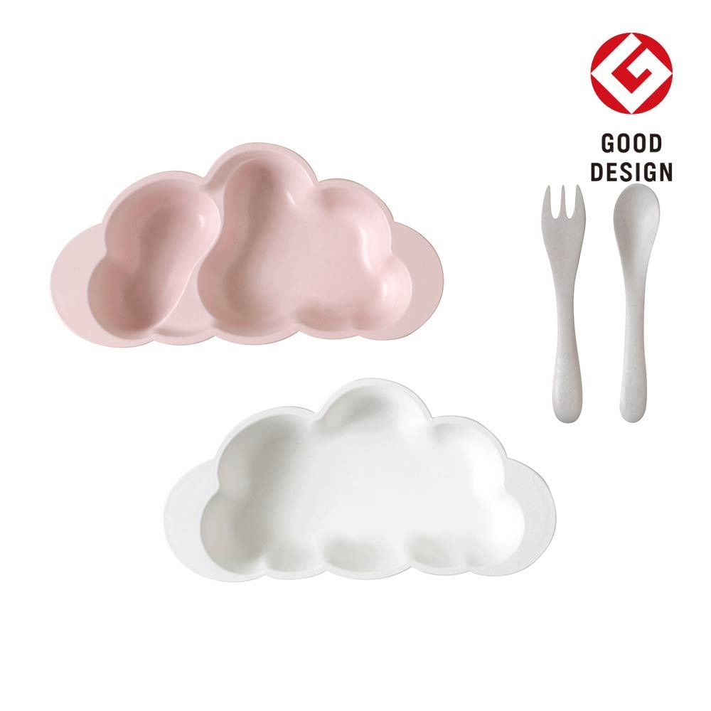 [型番:18151006]1枚皿と仕切り皿の2枚のプレートにカトラリーがついたセット離乳食〜キッズのおやつ皿まで長く使えるサイズで、もくもくした雲の形はごはんがすくいやすい設計です。素材のバイオマスプラスチックは原料の約52%が竹でできてお...