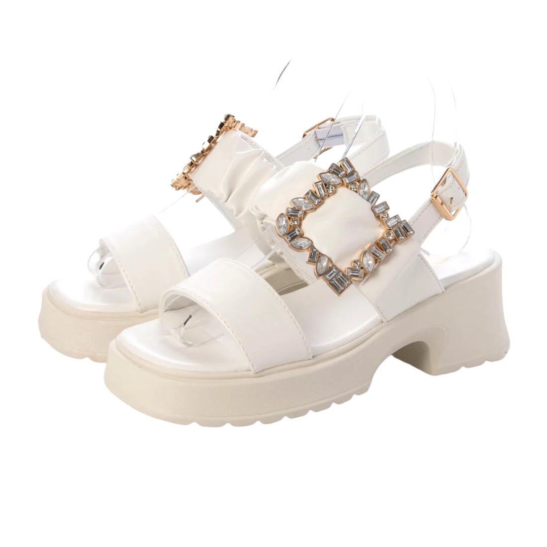 [型番:5923]【キラキラビジューが目を惹く高見えサンダル】■pointシャーリングベルトについたビジューバックルが歩く度にキラキラ光るキュートなサンダル♪存在感のあるソールでスタイルアップ■colorブラックホワイト■sizeSサイズ　...