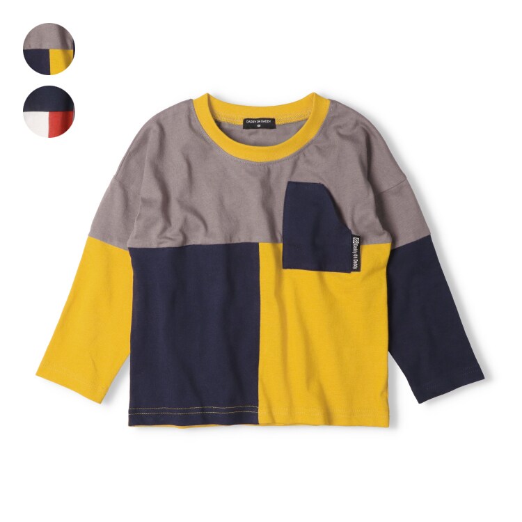 [型番:V54802]バイカラーのクレイジー配色デザインの長袖Tシャツ、ロンT。胸のポケットもデザイン性があってお洒落！（ベビーサイズのみ肩ボタン仕様になります。）【アイテム】トップス カジュアル お洒落 オシャレ かっこいい かわいい 可...