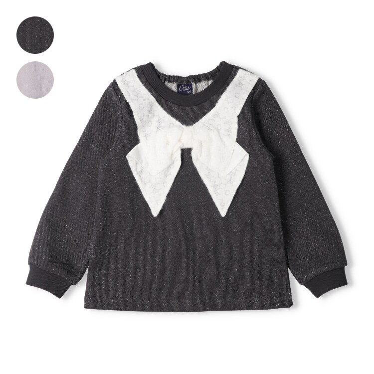 [型番:N64683]秋から春まで長く着られる裏毛素材のトレーナー、スウェット。キラキララメ入りの裏毛素材。レースのリボンのデザインがポイント！ブラックとラベンダーでデザインが異なります。ブラックは襟ぐり後ろがゴムの仕様になっているので、着...