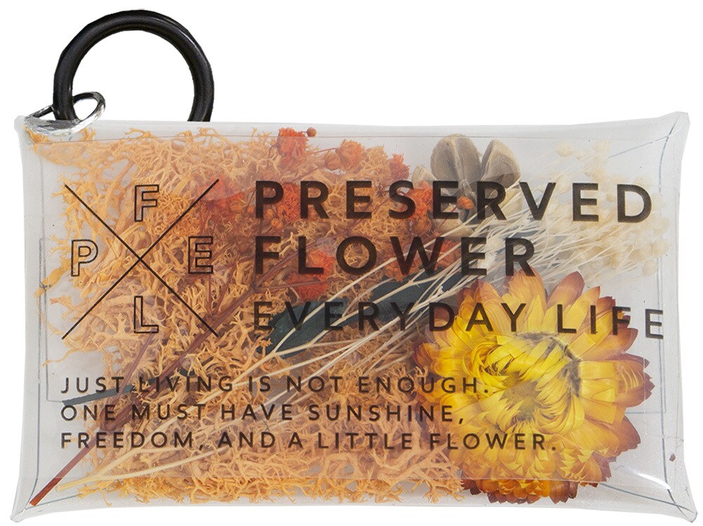 [型番:01148OA]【PFEL】PRESERVED　FLOWER　EVERYDAY　LIFE花を持ち歩く、新しいスタイルクリアポーチ型プリザーブドフラワー（カラビナ付き）お気に入りのバッグに、癒しの花を。透明なポーチの中に咲くプリザーブ...