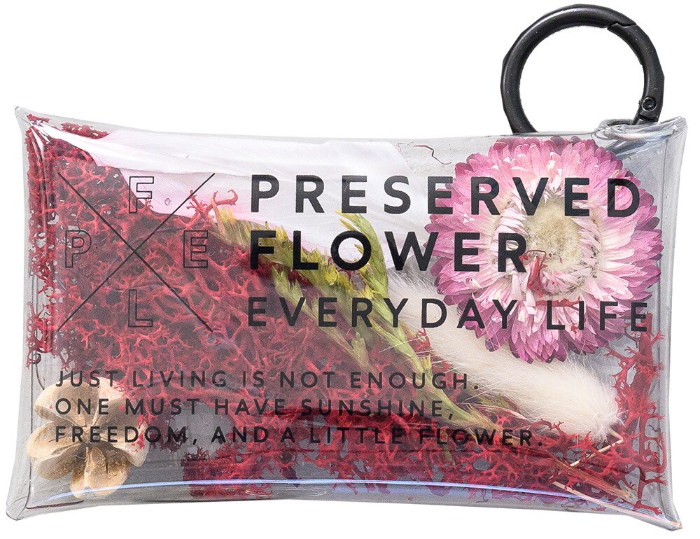 [型番:01149OA]【PFEL】PRESERVED　FLOWER　EVERYDAY　LIFE花を持ち歩く、新しいスタイルクリアポーチ型プリザーブドフラワー（カラビナ付き）お気に入りのバッグに、癒しの花を。透明なポーチの中に咲くプリザーブ...