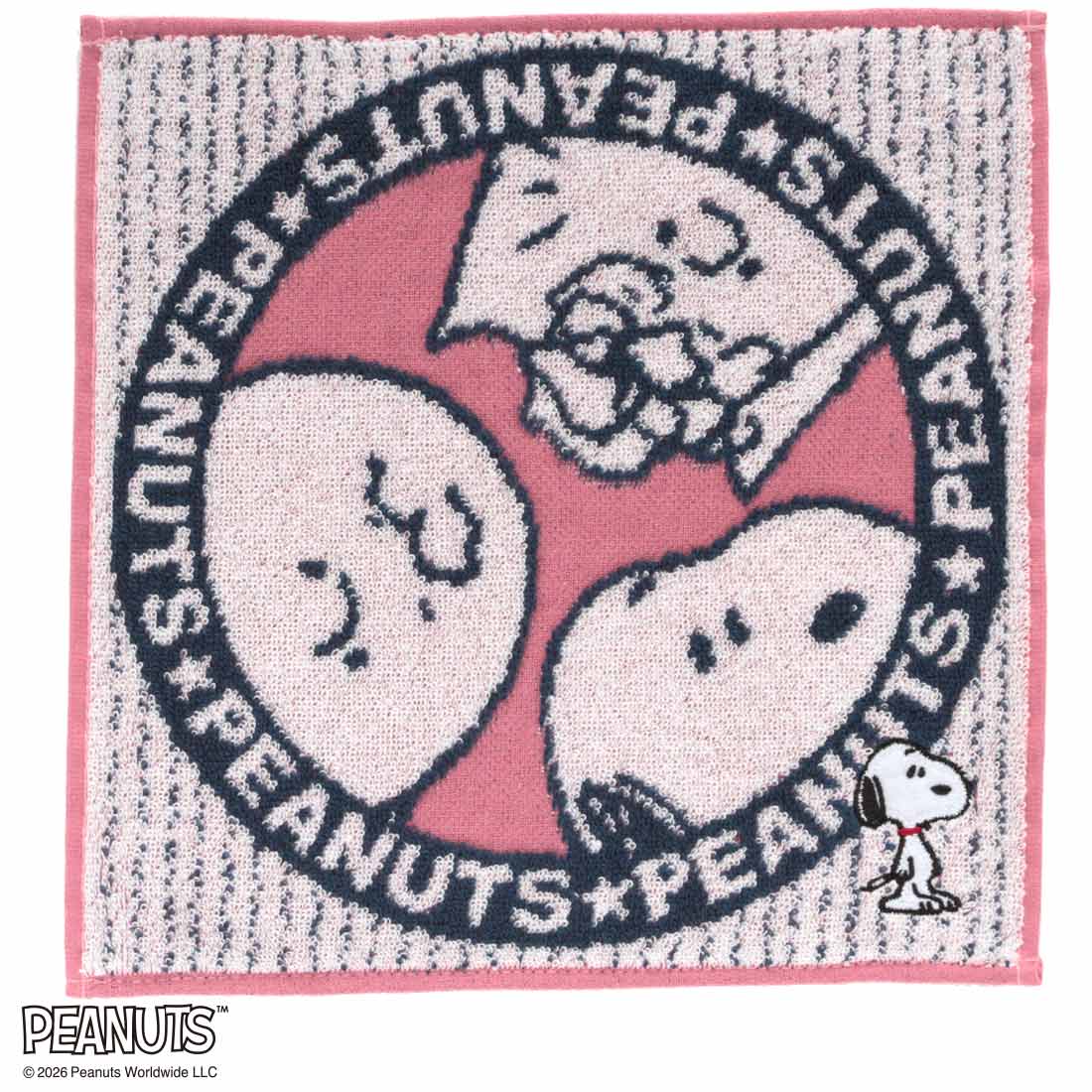 [型番:0001930049]パイルジャカードタイプと、パイル＆ガーゼタイプのミニタオルです丸く描かれたPEANUTSのロゴの中から顔をのぞかせるスヌーピーとなかまたち。■カラー：ホワイト、パープル、ライトベージュ約25×25cm※(　)で...