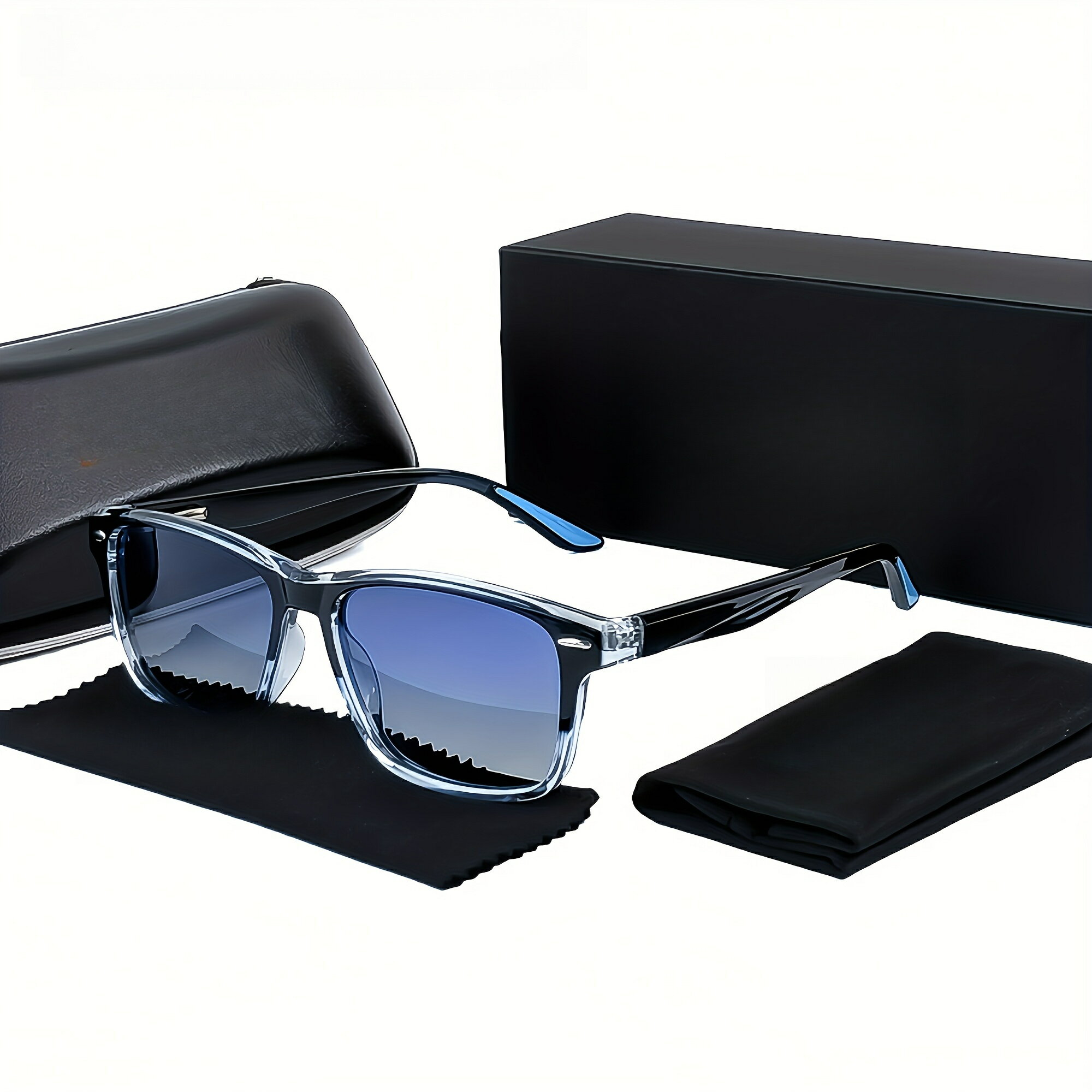 【商品名｜キャッチコピー】 概要説明：高品質なTR90素材を使用した軽量スクエア眼鏡。ダークフレームとライトブルーグラデーションレンズの組み合わせが、スタイリッシュで洗練された印象を演出します。中性デザインなので、メンズ・レディース問わずご...